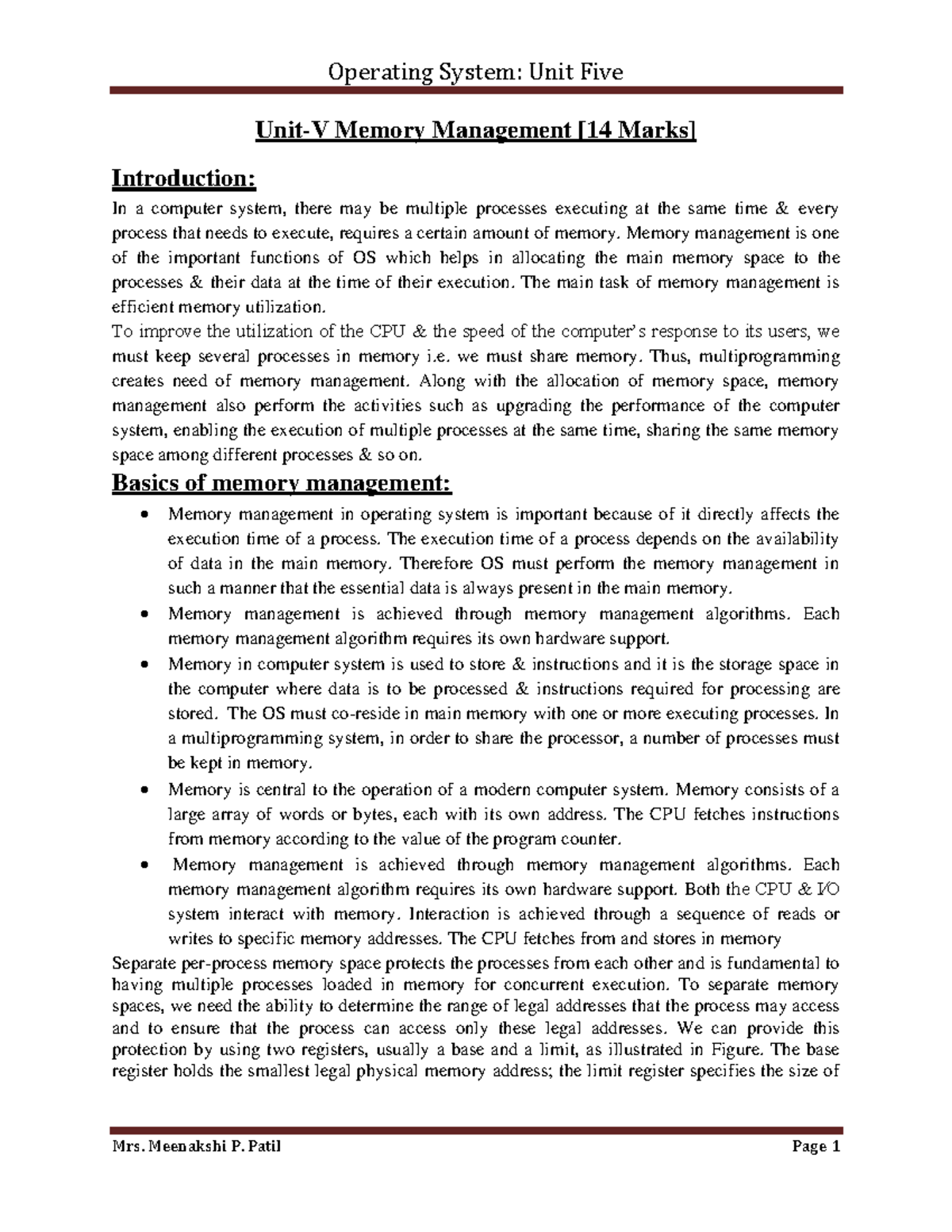 OSY UNIT 5: Memory Management Concepts and Techniques Explained - Studocu