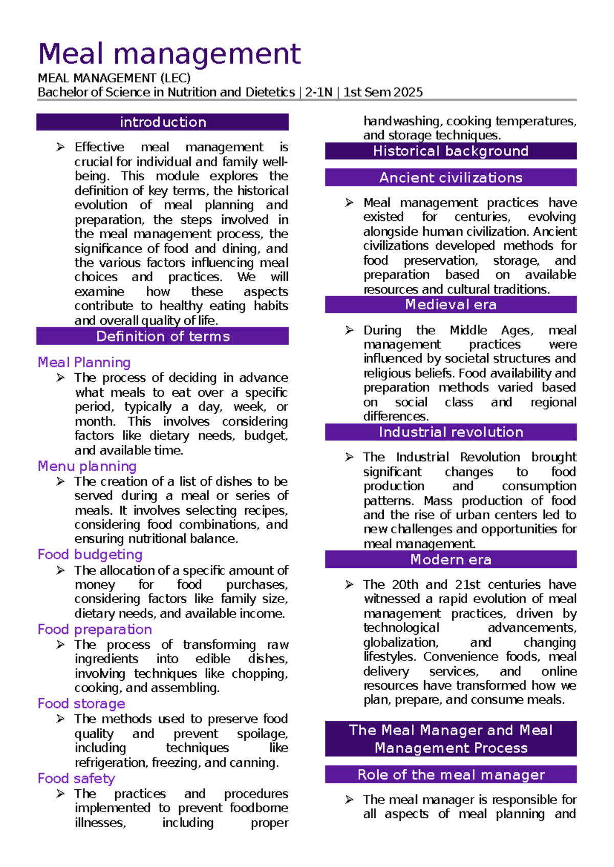 Lesson 1: Meal Management in Nutrition & Dietetics (LEC) 1st Sem 2025 ...