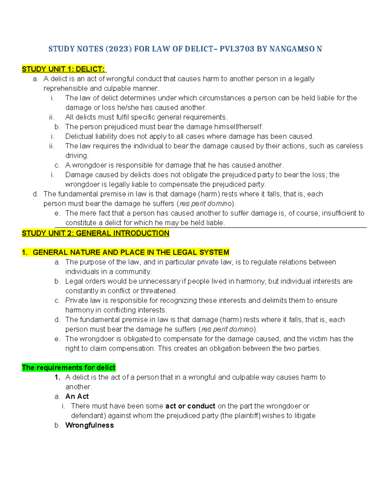 LAW OF Delict - PVL3703 Comprehensive Study Notes 2023 - Studocu