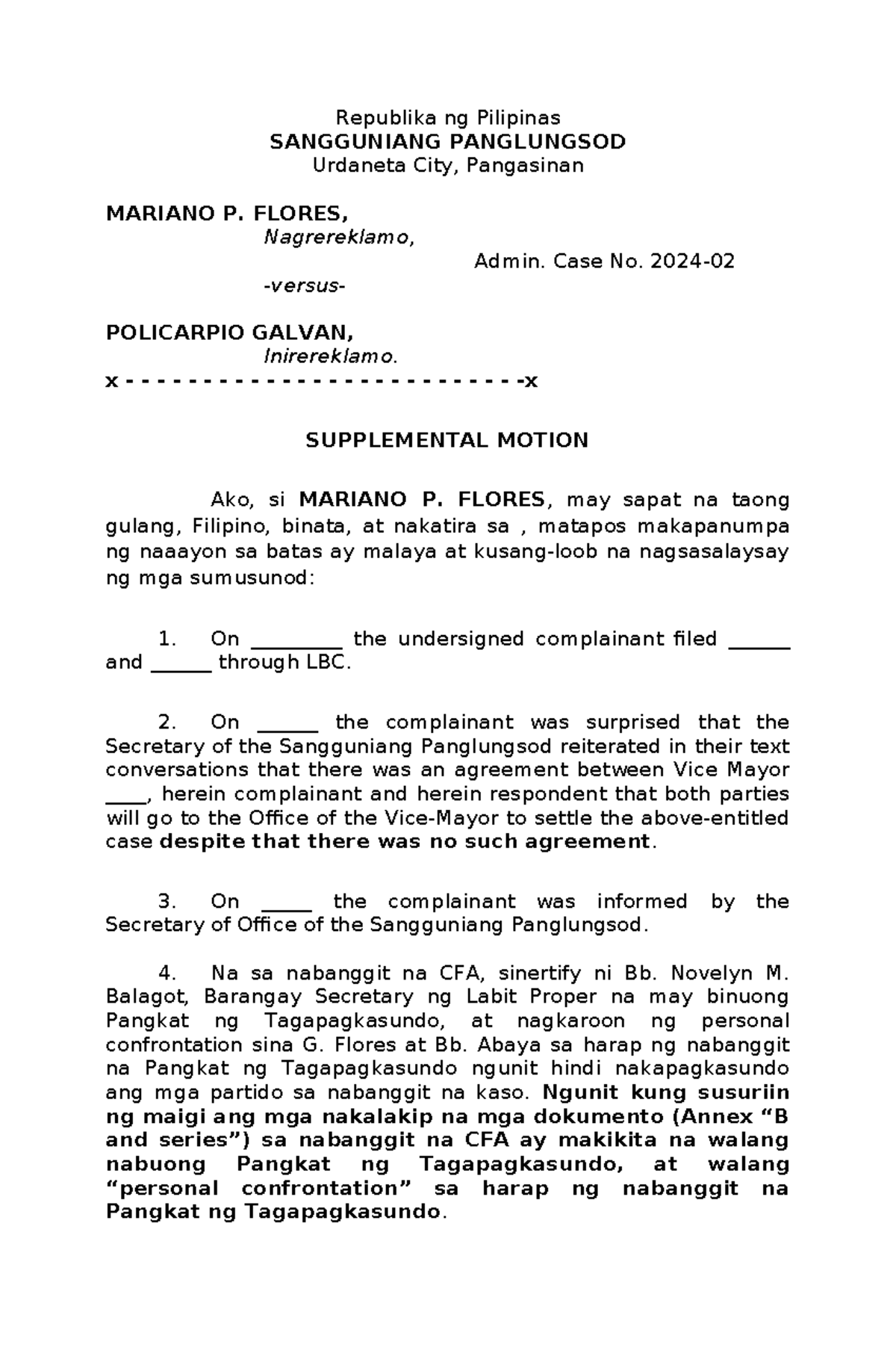 Supplemental Motion for Early Resolution in Admin Case No. 2024- - Studocu