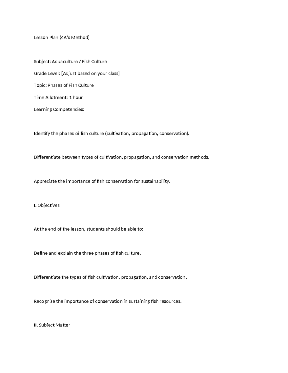 Phases of Fish Culture Lesson Plan (Aquaculture) - Studocu