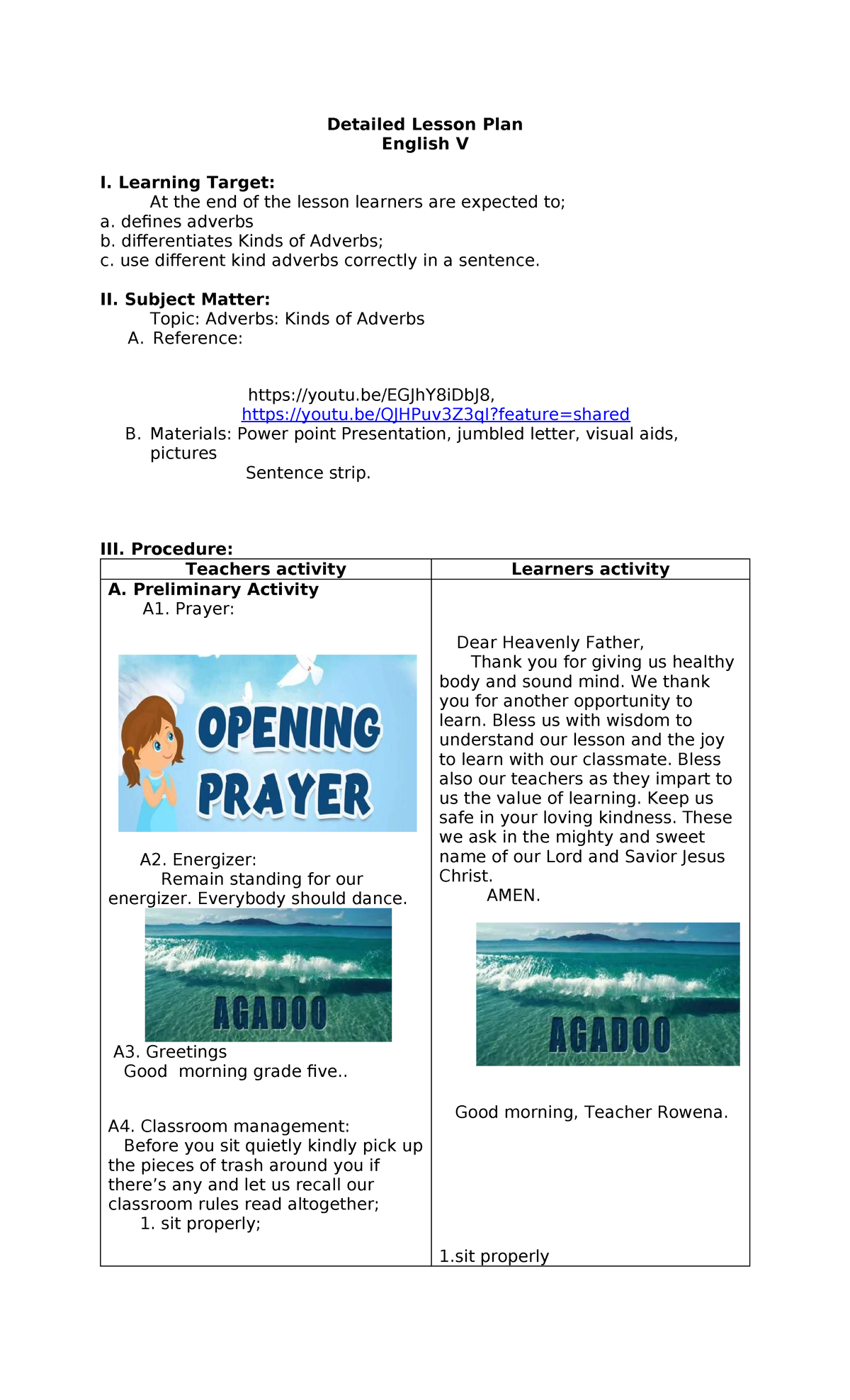 Detailed Lesson Plan on Adverbs for English V - Studocu