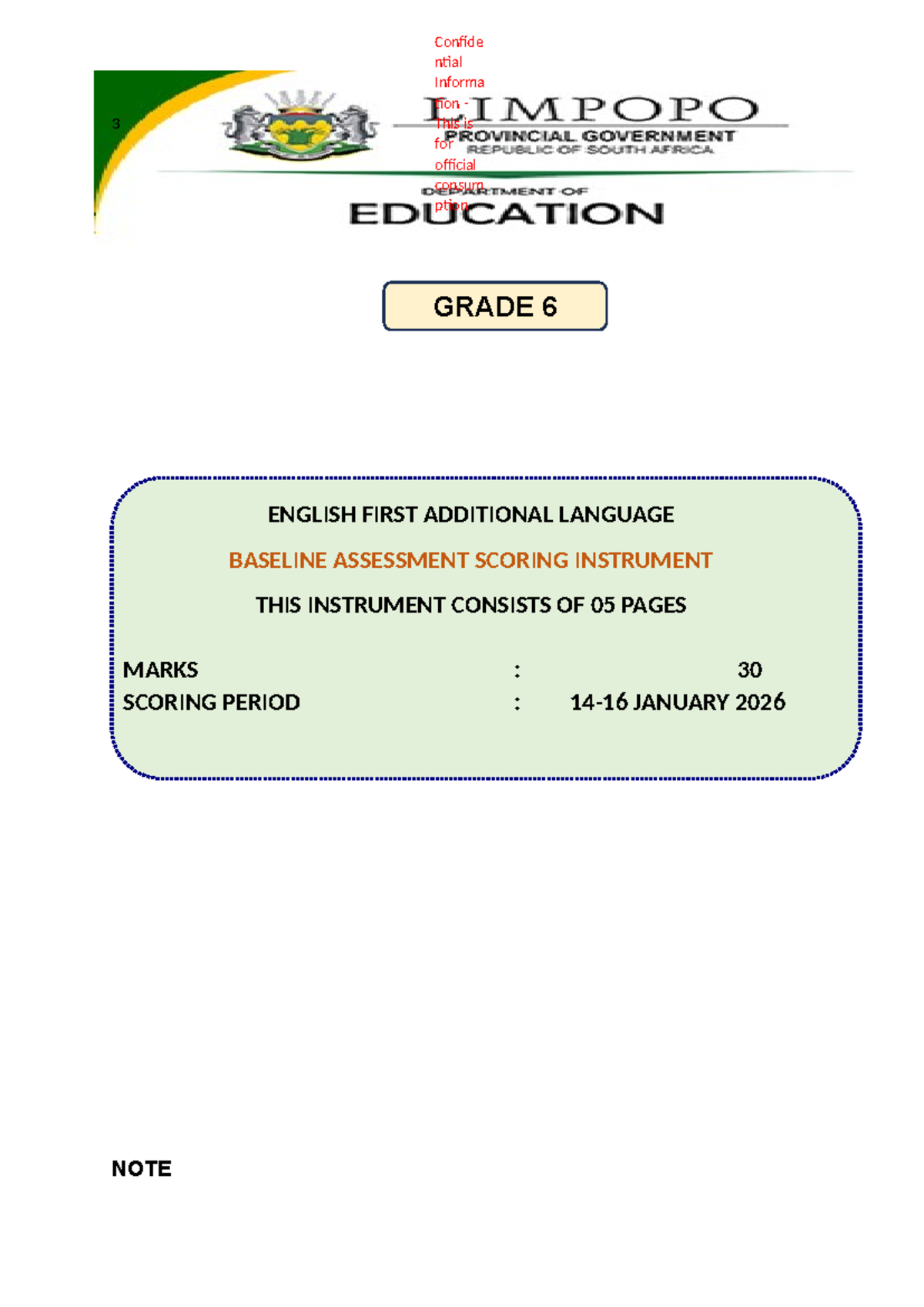 2026 GRADE 6 EFAL Baseline Assessment Scoring Instrument - Studocu