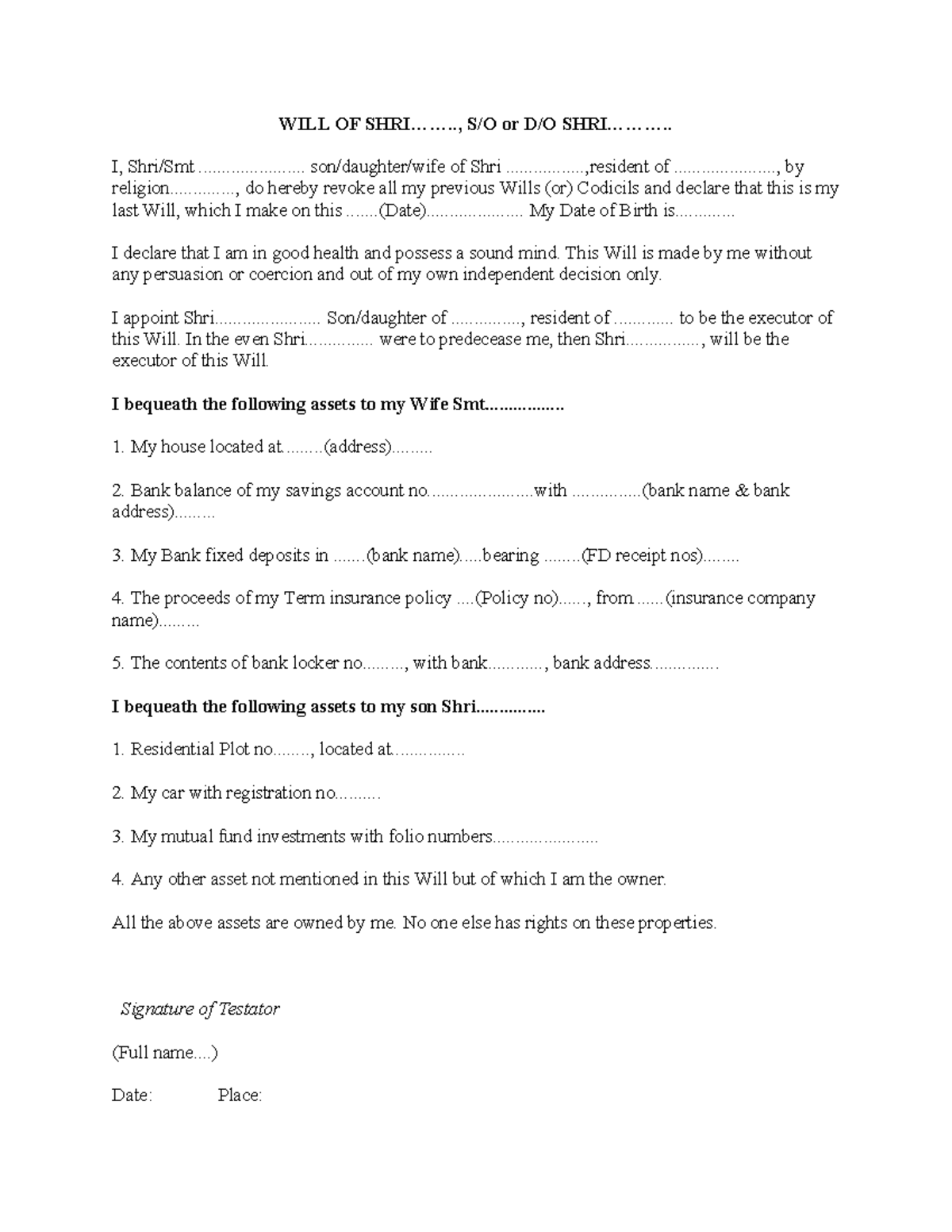 Sample Draft of a Will - Legal Document Template - Studocu