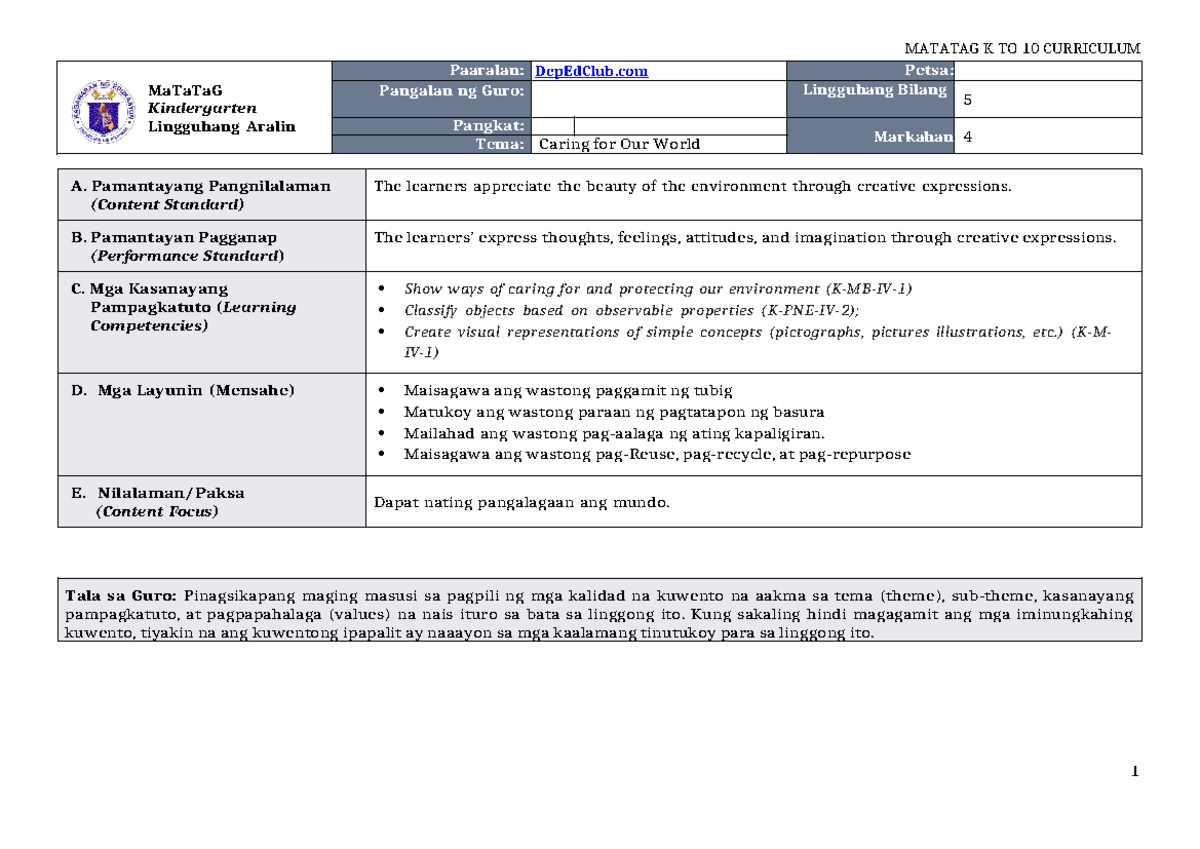 DLL K to 10 Kindergarten Weekly Lesson Plan: Caring for Our World - Studocu