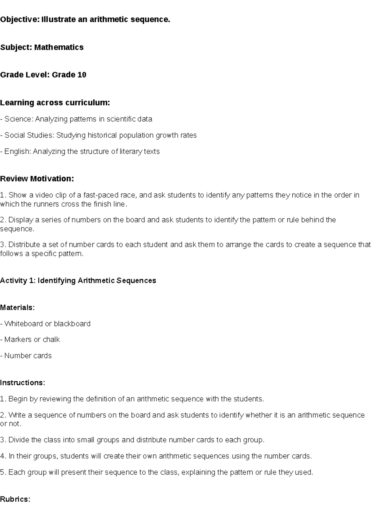 Lesson plan - Objective: Illustrate an arithmetic sequence. Subject ...