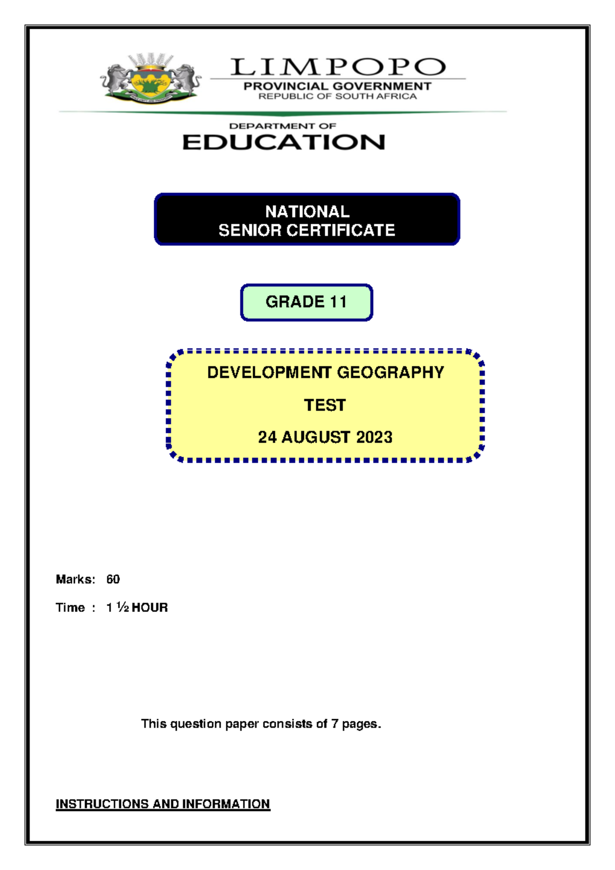 GEOG Grade 11 Term 3 Test 2 - Development Geography 2023 - Studocu