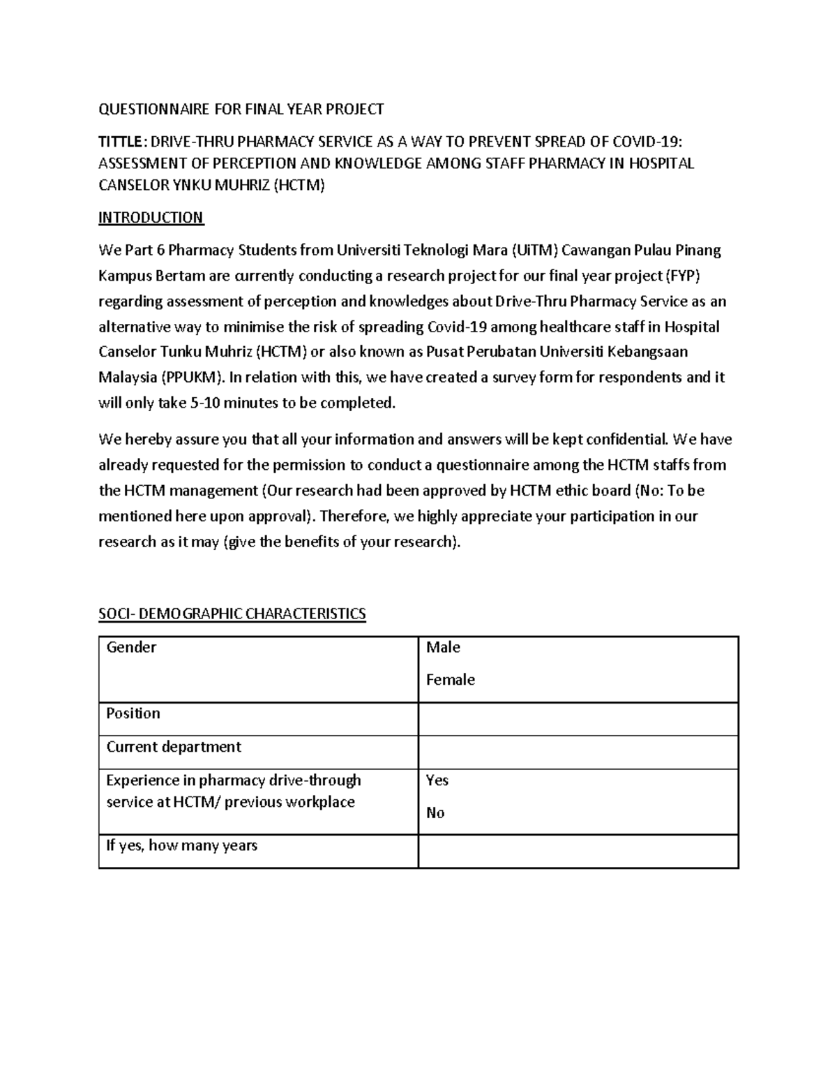 Drive-Thru Pharmacy Service Questionnaire for FYP - HCTM Assessment ...