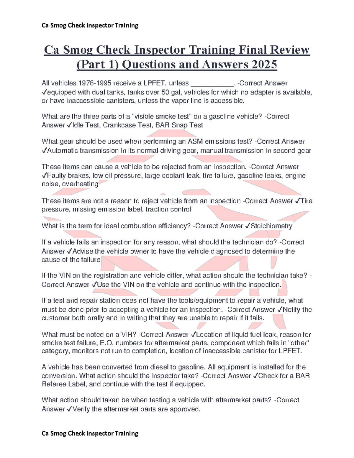 Ca Smog Check Inspector Training Final Review Q&A (Part 1) 2025 - Studocu