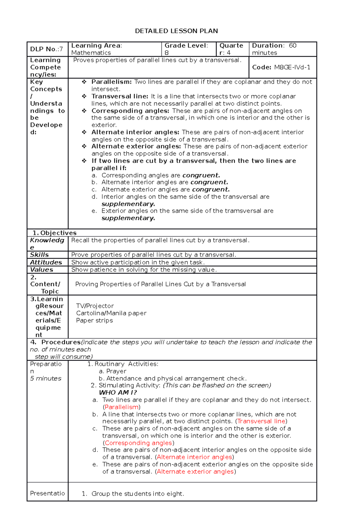 Dlp7 math8q4 - DLP MAPEH 8 - DETAILED LESSON PLAN DLP No.: Learning ...