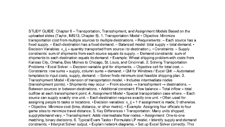 Study Guide: IMS13 Chapter 6 - Transportation, Transshipment & Assignment Models - Studocu