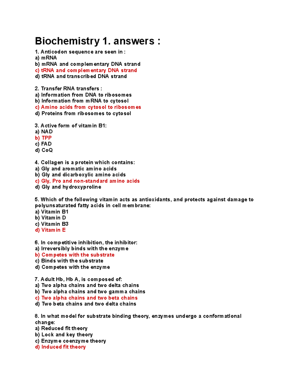 Biochemistry answers - EXAM FOR ENGLISH MED - Biochemistry 1. answers ...