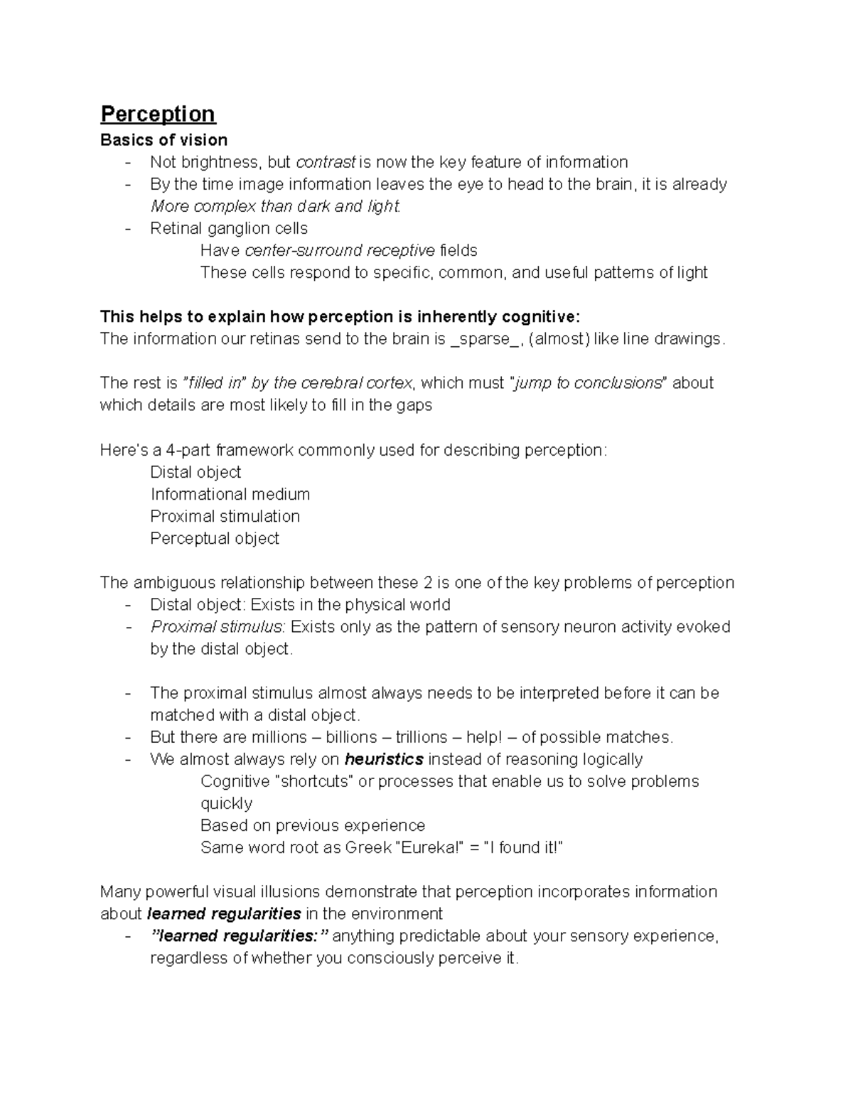 Cognitive Psychology Lecture Notes: Perception Concepts & Illusions ...