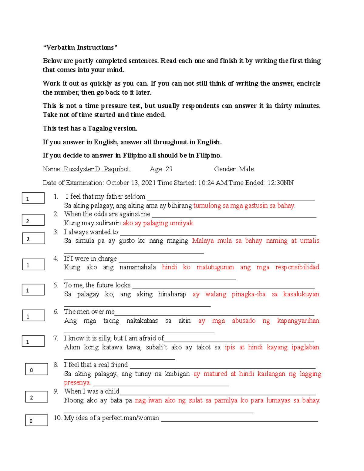 Sack s Sentence Completion test Instrument - “Verbatim Instructions ...