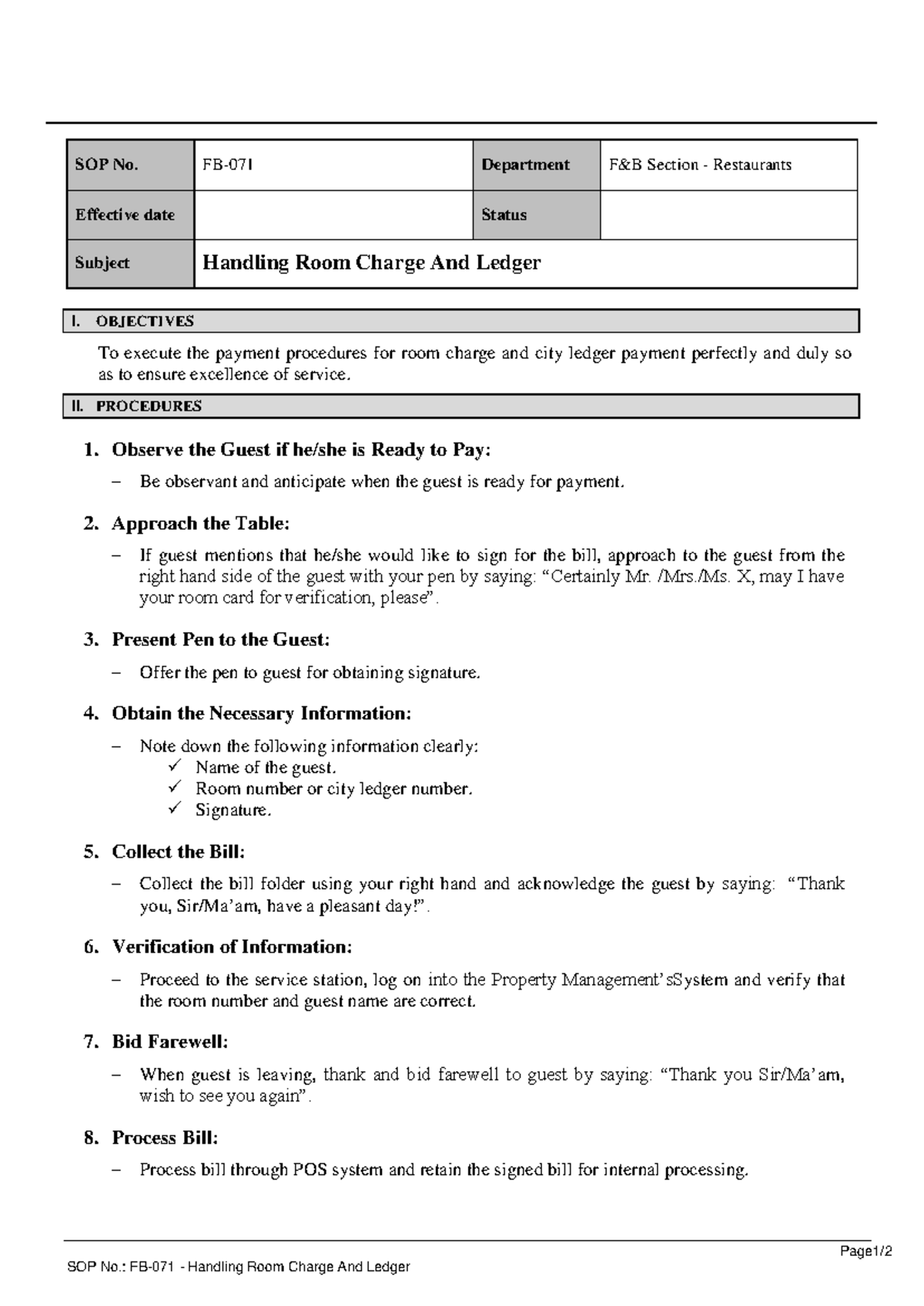 FB 071 Standard Operating Procedures for Room Charge Handling - Studocu