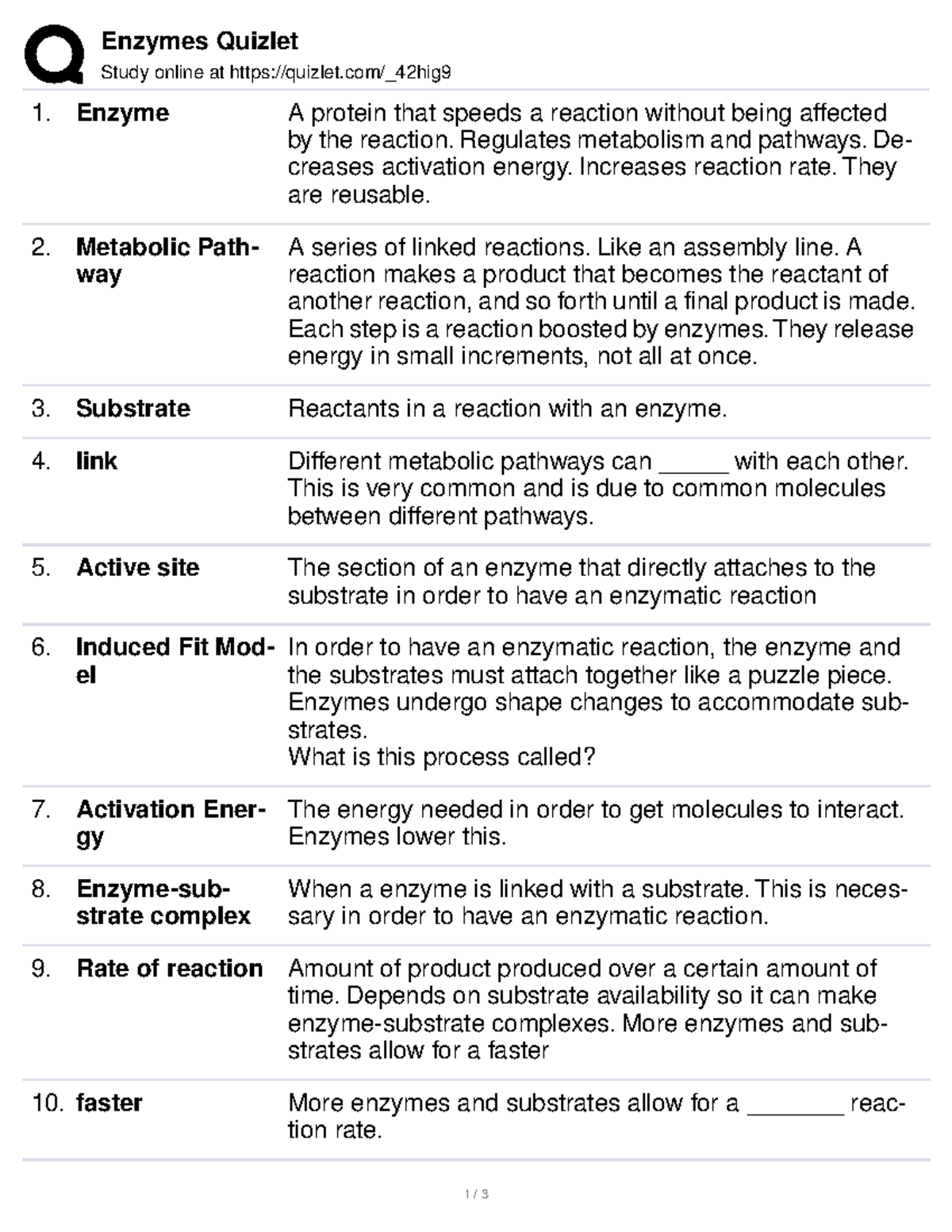 Enzymes Study Flashcards: Key Concepts for Bio 101 - Studocu
