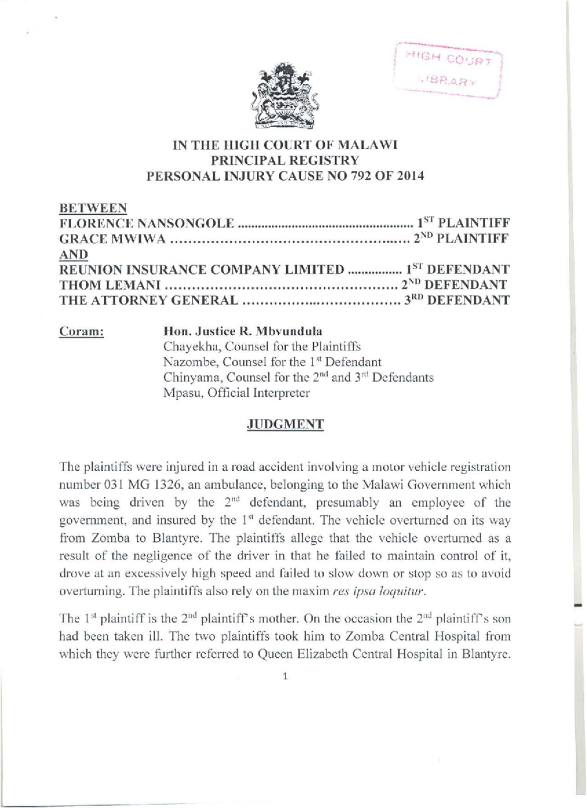 Nansongole Anor v Reunion Insurance Co Ltd: Personal Injury Case 792/ ...