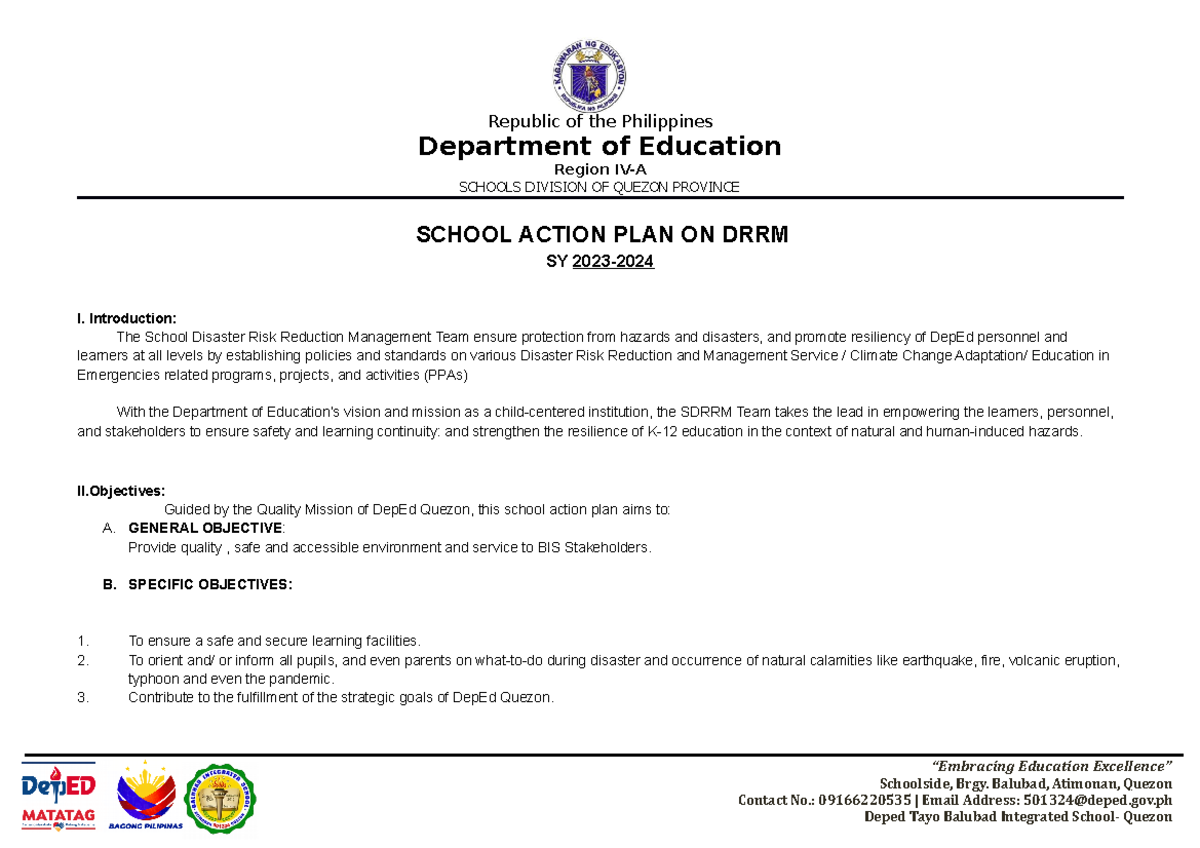 DRRM-Action Plan - School Disaster Risk Management Strategy 2023 - Studocu