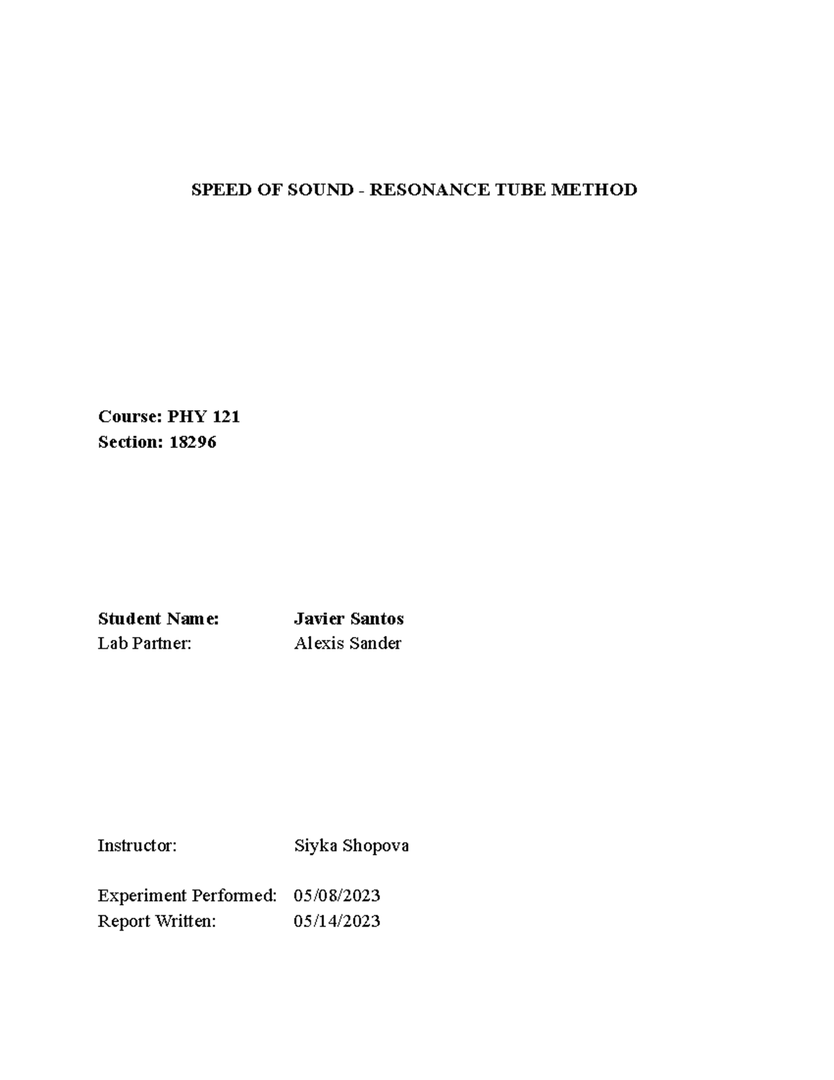 Lab Report 13 - Speed of Sound using Resonance Tube - PHY121 - Studocu