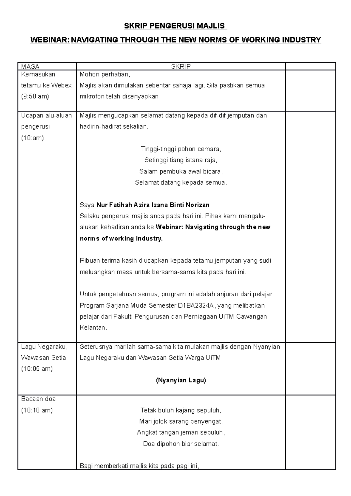 Skrip Pengerusi Majlis - SKRIP PENGERUSI MAJLIS WEBINAR: NAVIGATING ...