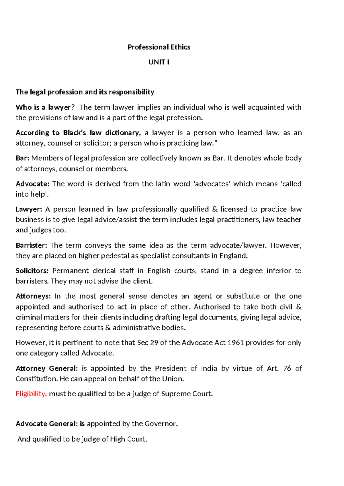 UNIT I - Nil - Professional Ethics UNIT I The legal profession and its ...