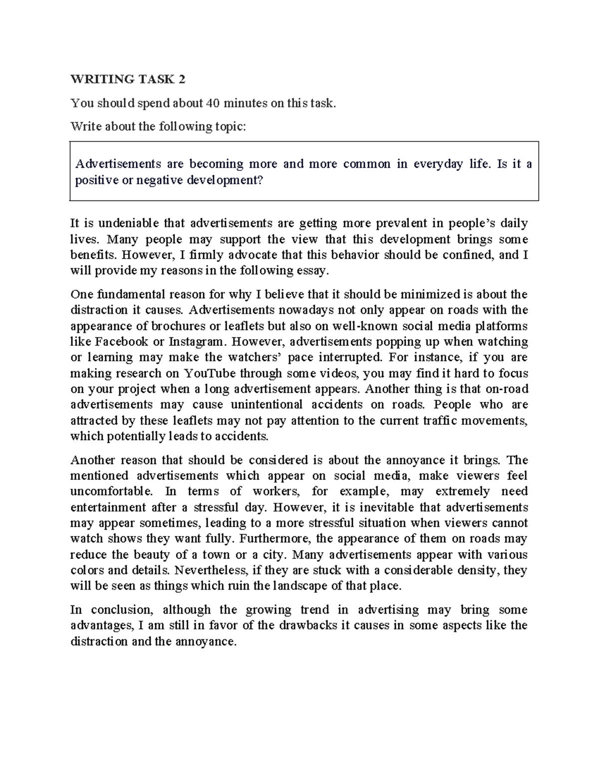 Advertisement Essay - Writing Task 2 Analysis - Studocu