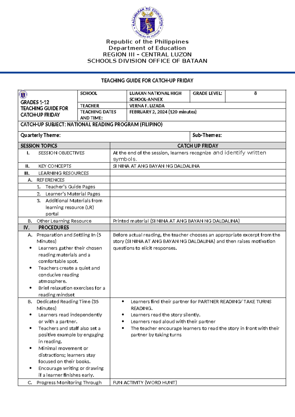 Teaching Guide for Catch-Up Friday (FEB2) - Grade 8 Reading Program ...
