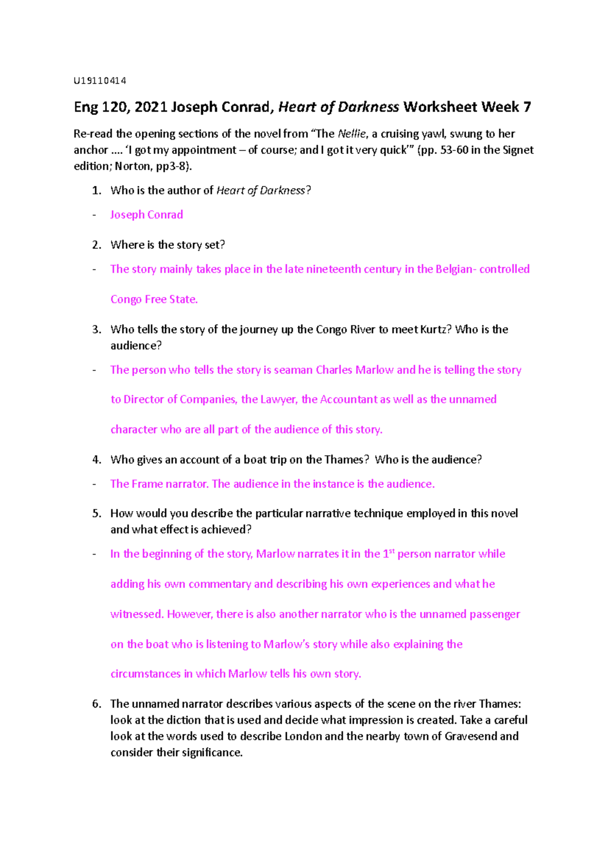 Eng 120 Week 7 Heart of Darkness Worksheet Analysis and Questions - Studocu