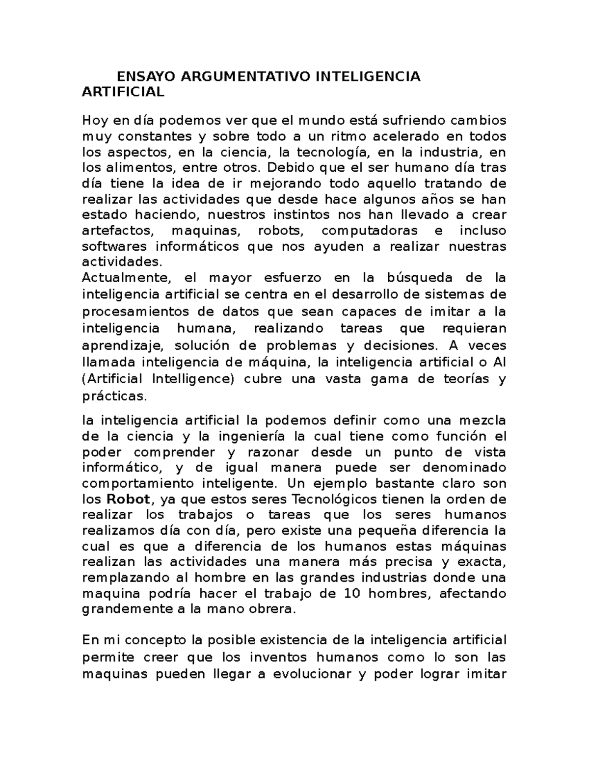 Ensayo Argumentativo sobre la Inteligencia Artificial (IA) - Studocu