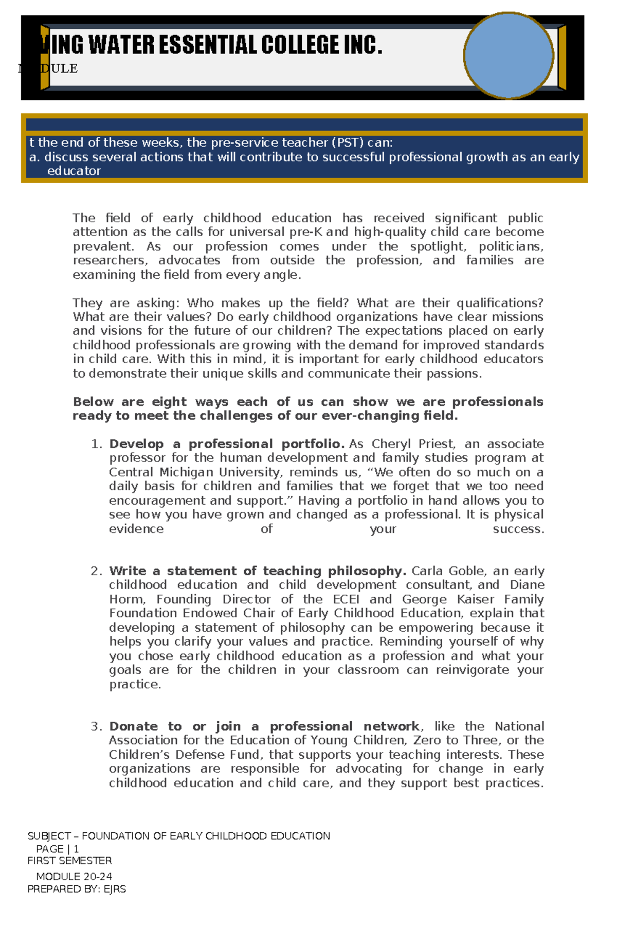 FOUNDATION OF EARLY CHILDHOOD EDUCATION - MODULE 1 STUDY GUIDE - Studocu