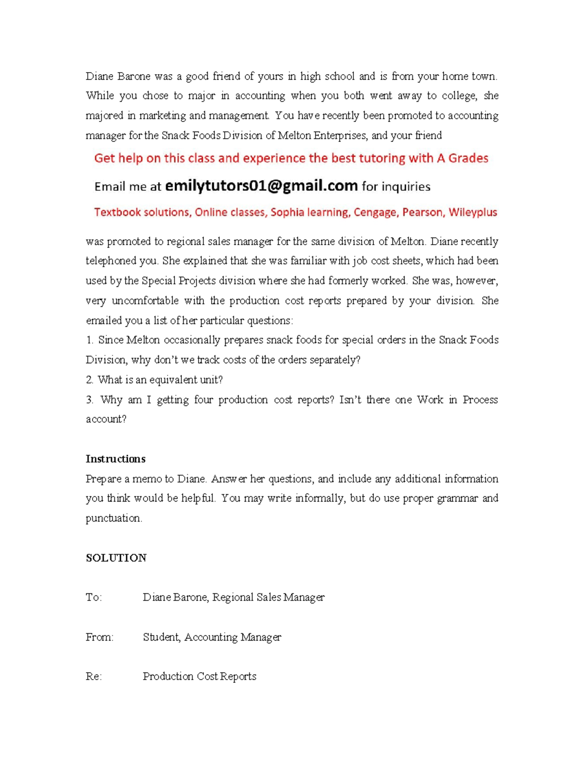 Memo: Answers to Your Questions on Production Cost Reports - Studocu