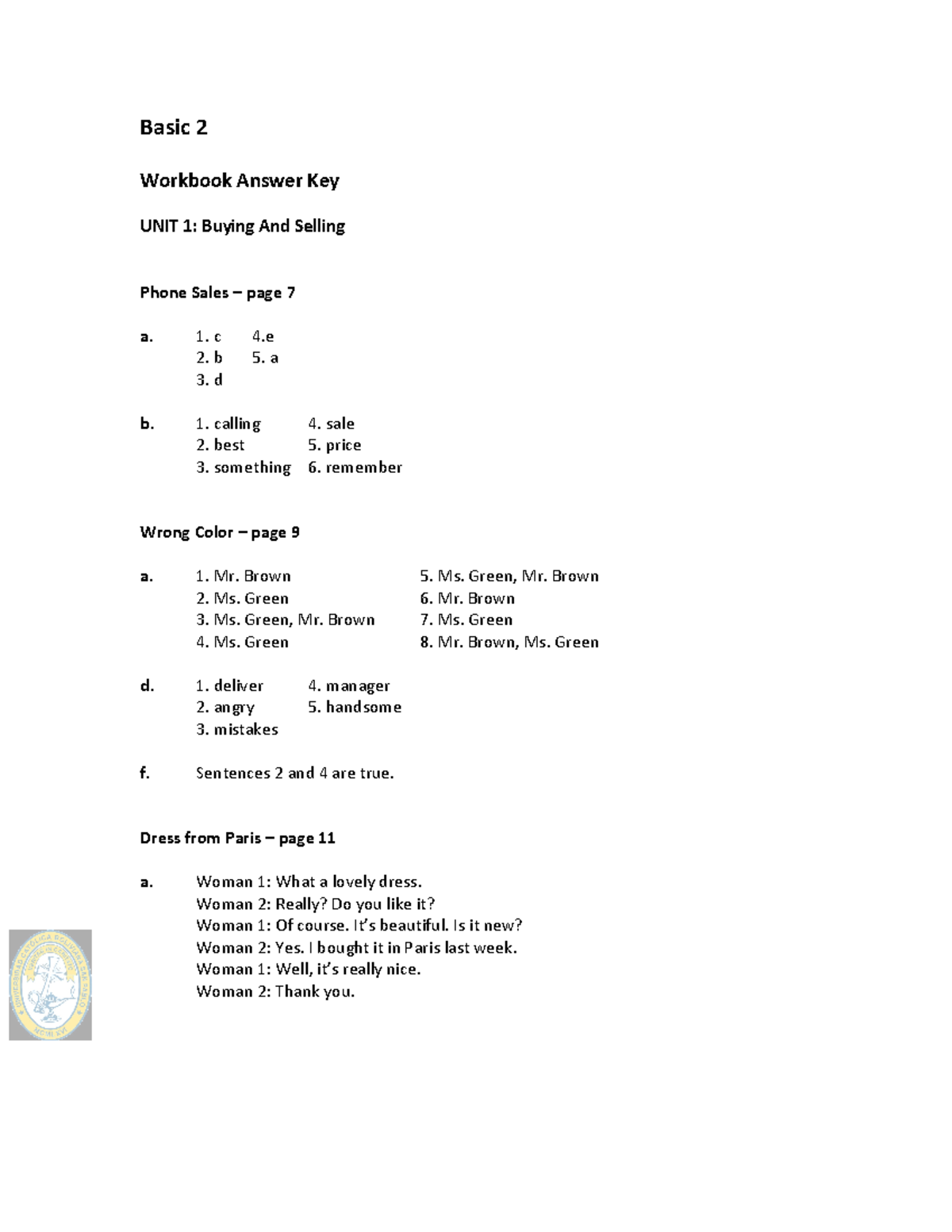 398418974 Basic 2 Workbook Answer Key: Units 1-8 - Studocu