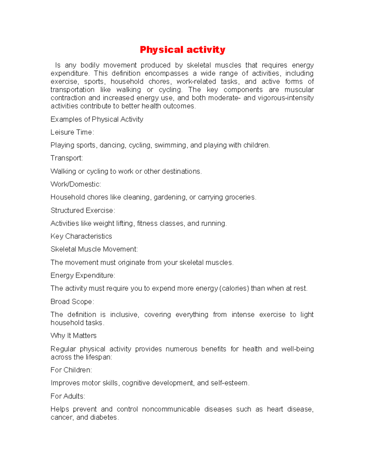 Physical Activity Overview: Definition, Benefits, and Examples - Studocu