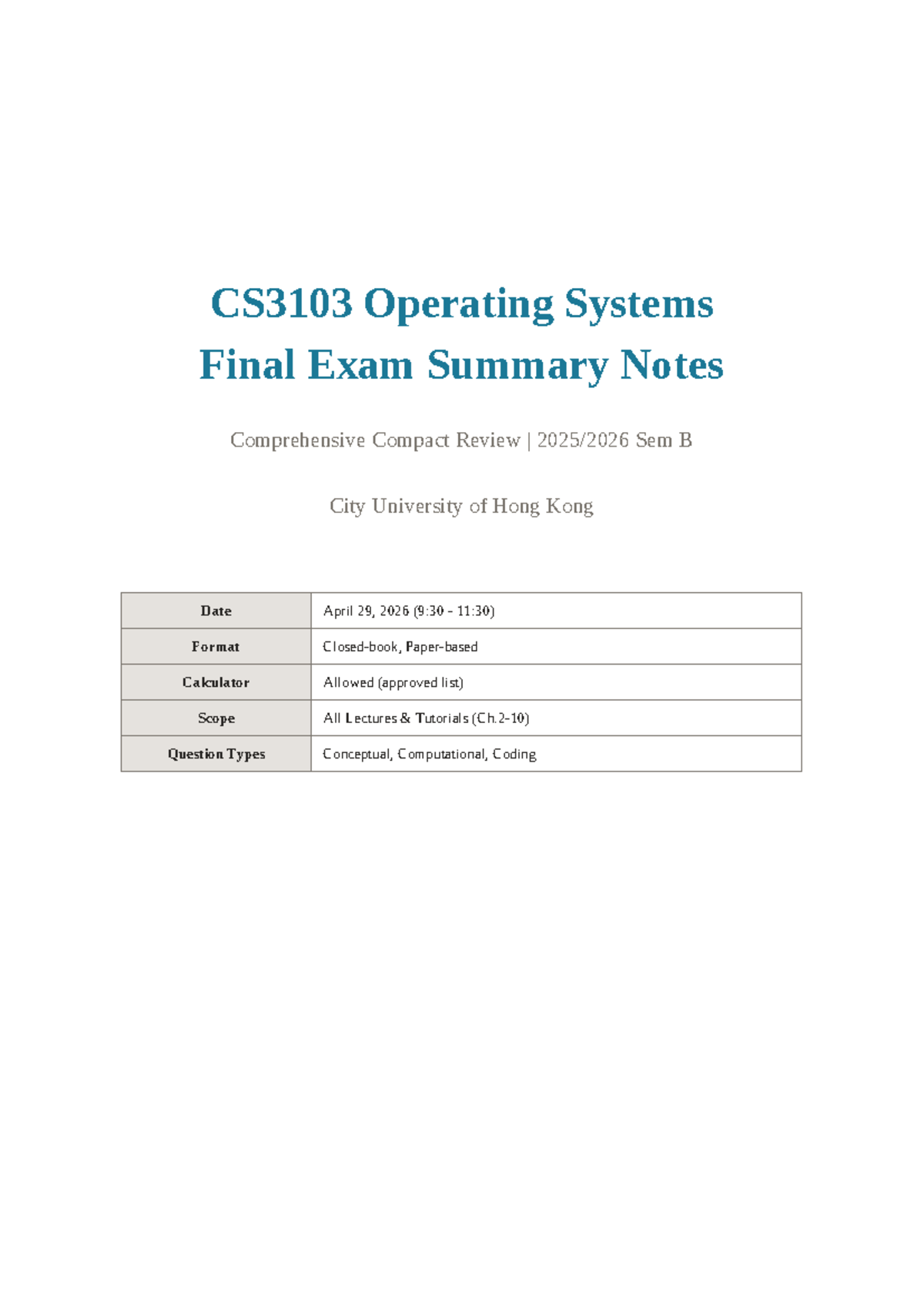 CS3103 Operating Systems Final Exam Summary Notes Review - Studocu