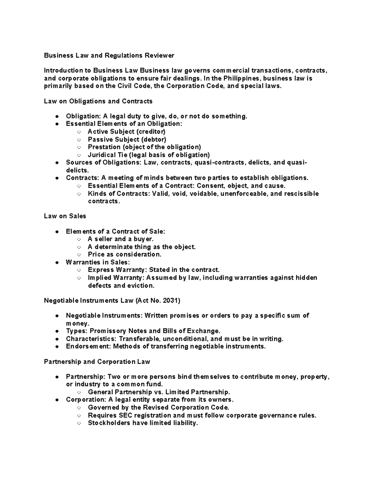 Business Law and Regulations Reviewer - Business Law and Regulations ...