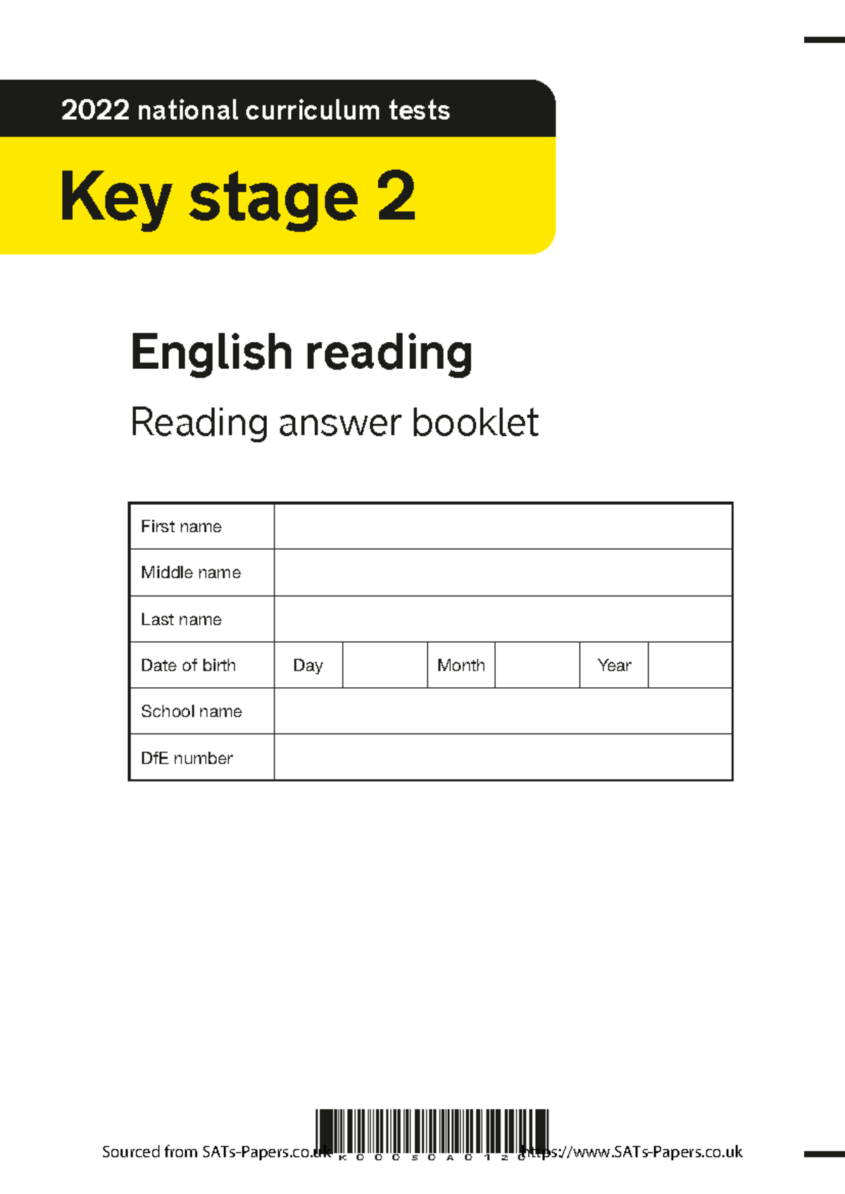 KS2 English 2022 Reading Answer Booklet for National Curriculum Tests ...