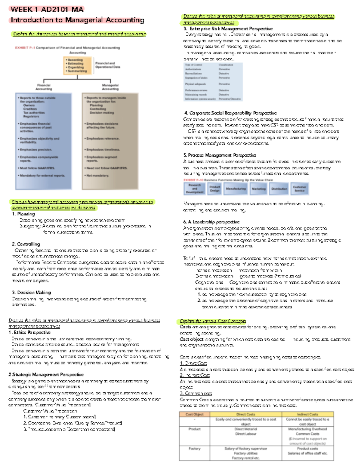 AD2101 MANAGEMENT ACCOUNTING - Introduction to MA Summary Notes - WEEK ...