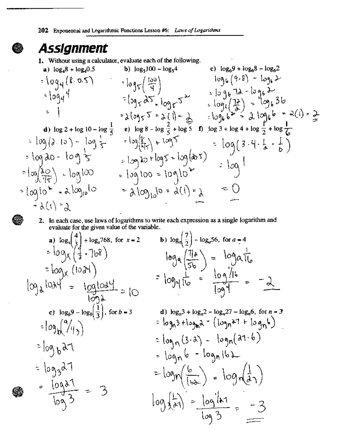 Explogsassign 6key - ...... - 202 Exponential and Logarithmic Functions ...