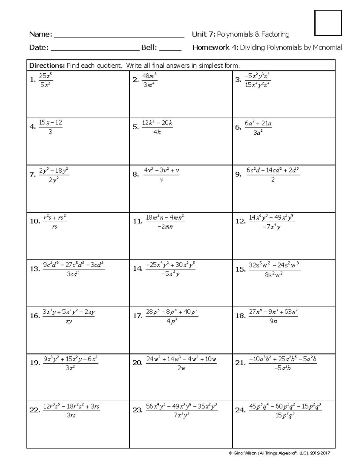 Unit 7: Polynomials & Factoring Homework 4 - Dividing Polynomials - Studocu