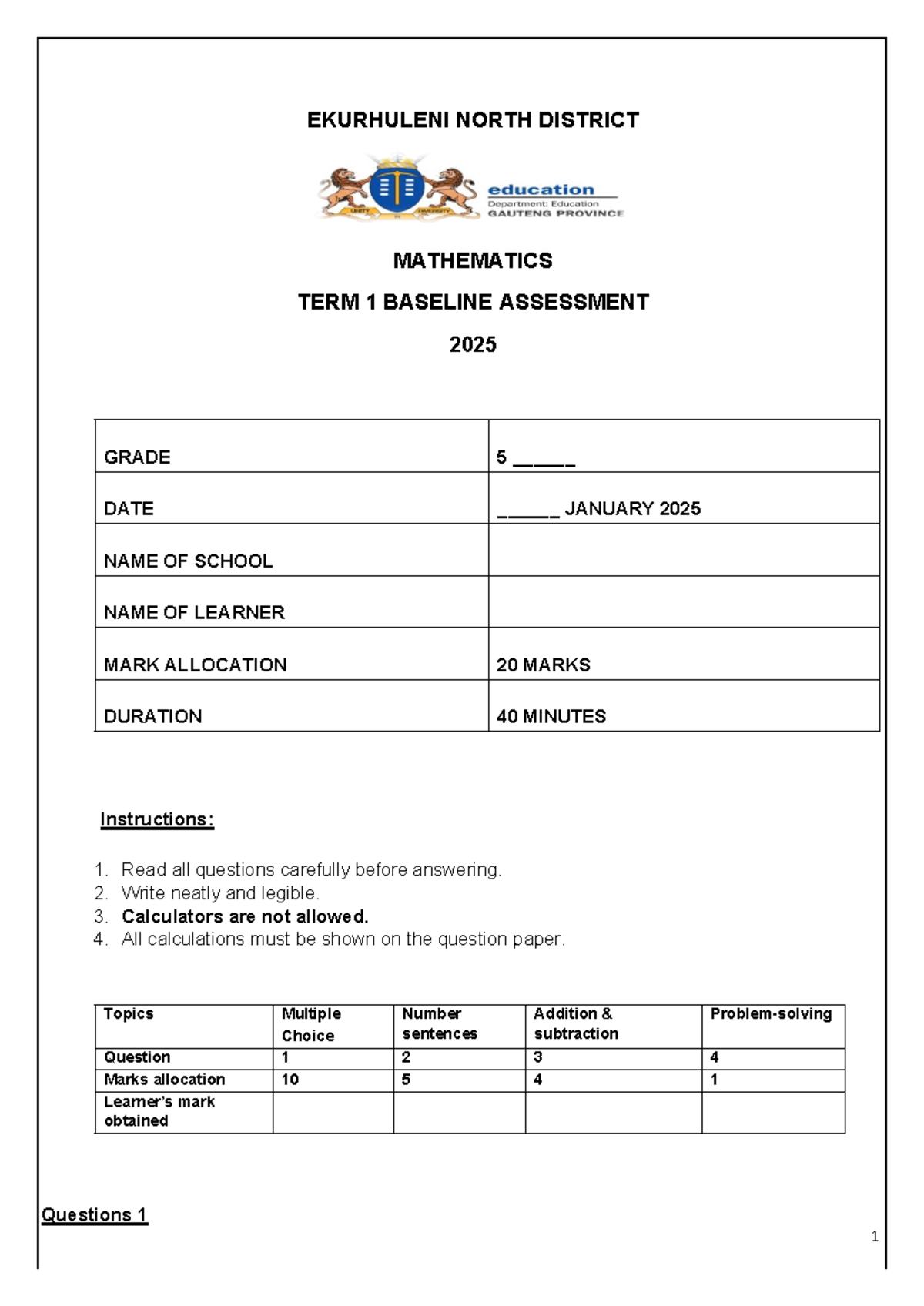 2025 GRADE 5 MATHEMATICS TERM 1 BASELINE ASSESSMENT - Studocu