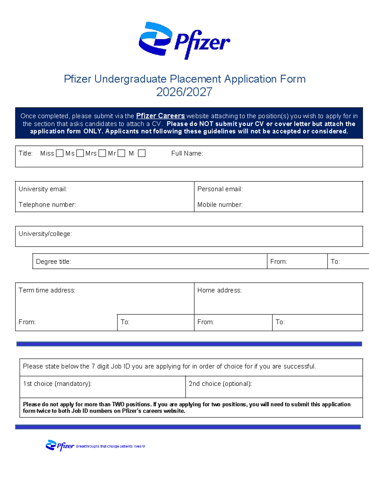 Pfizer 2026-2027 Undergraduate Placement Application Form - Studocu