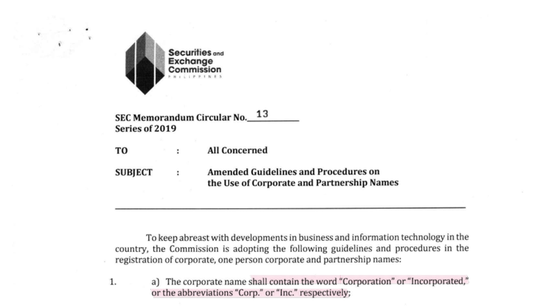 SEC Memorandum Circular No. 13: Amended Guidelines on Corporate Names - Studocu