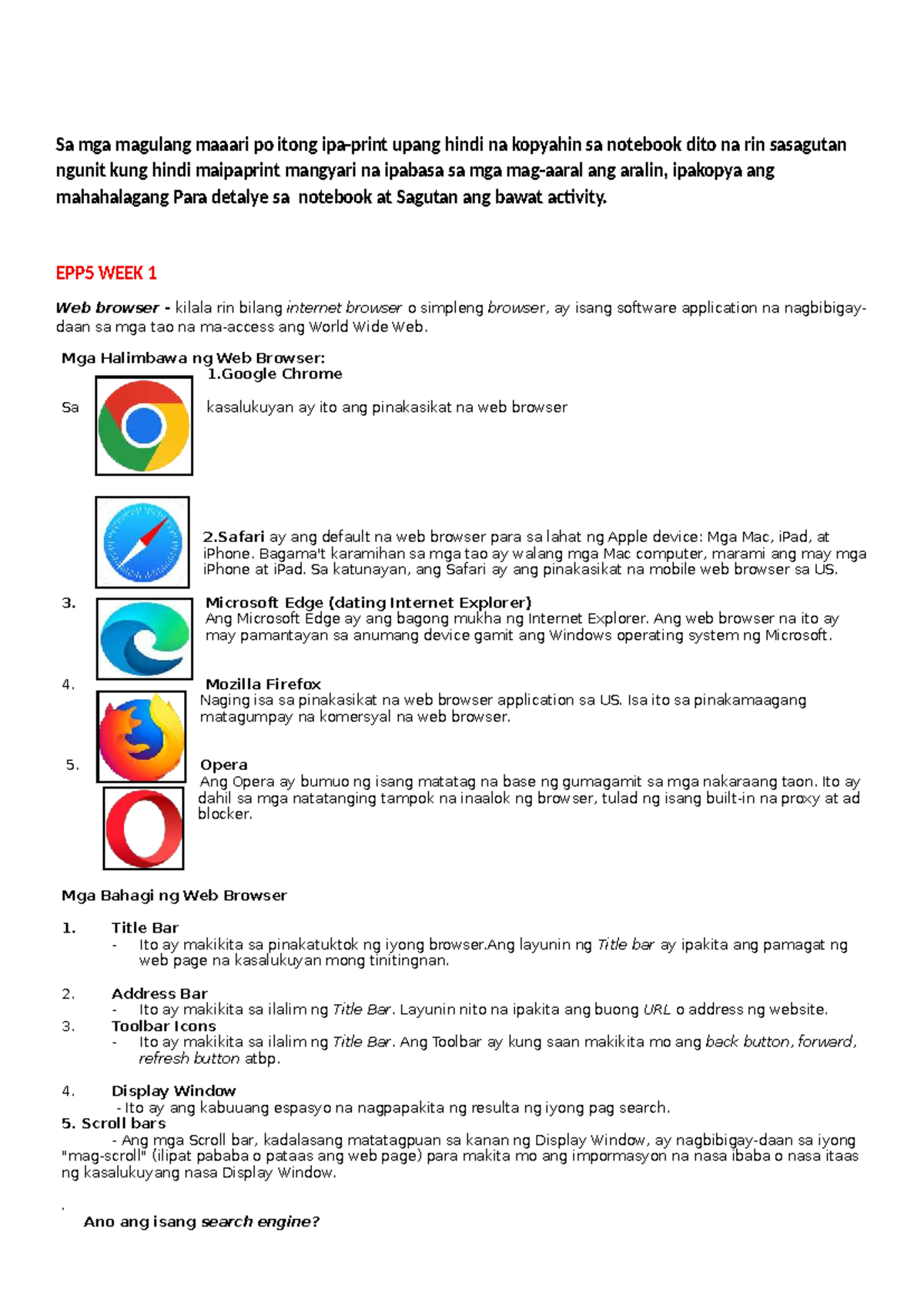 EPP5 at Science 5: WEEK 1 - Mga Web Browser at Search Engine - Studocu