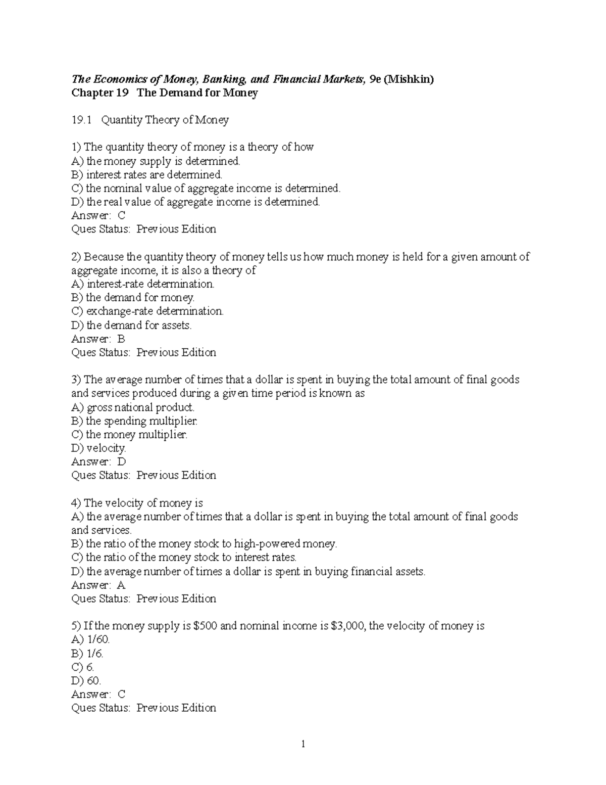 Chap19 - Chapter 19 Test bank - The Economics of Money, Banking, and ...