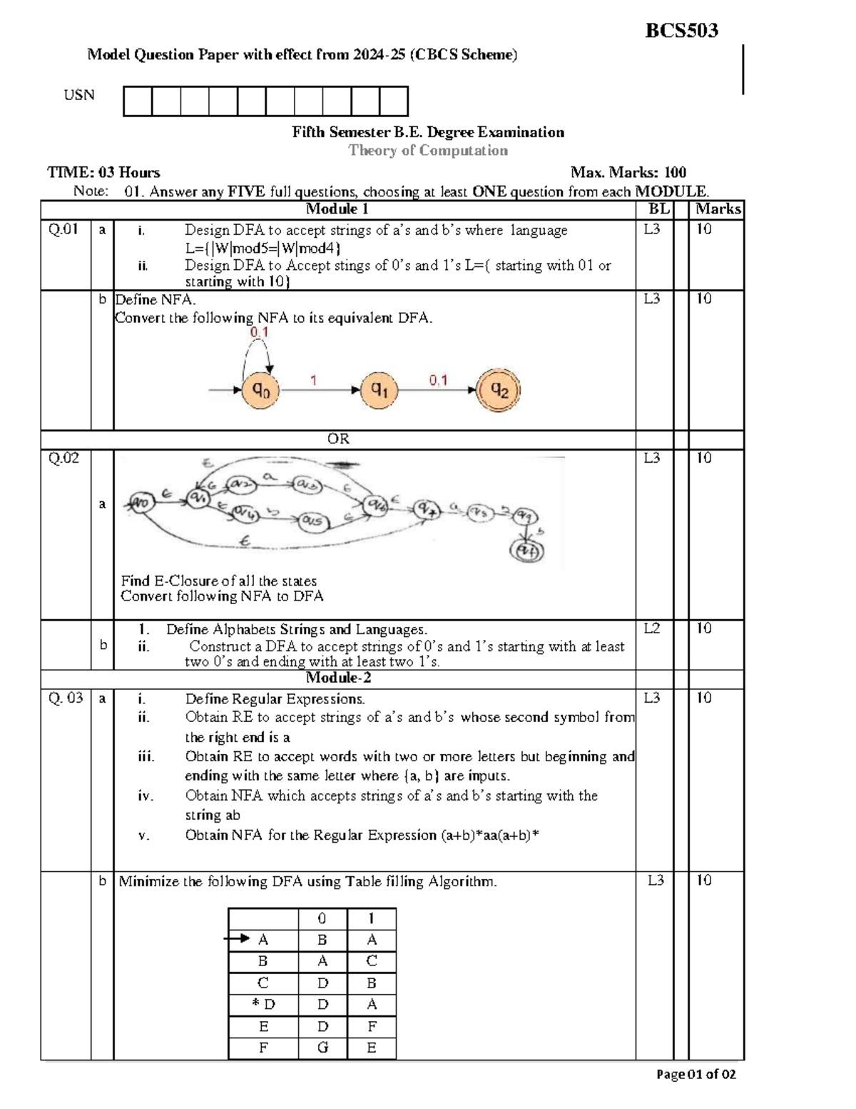 BCS503 Theory of Computation Model Question Paper (CBCS Scheme) - Studocu