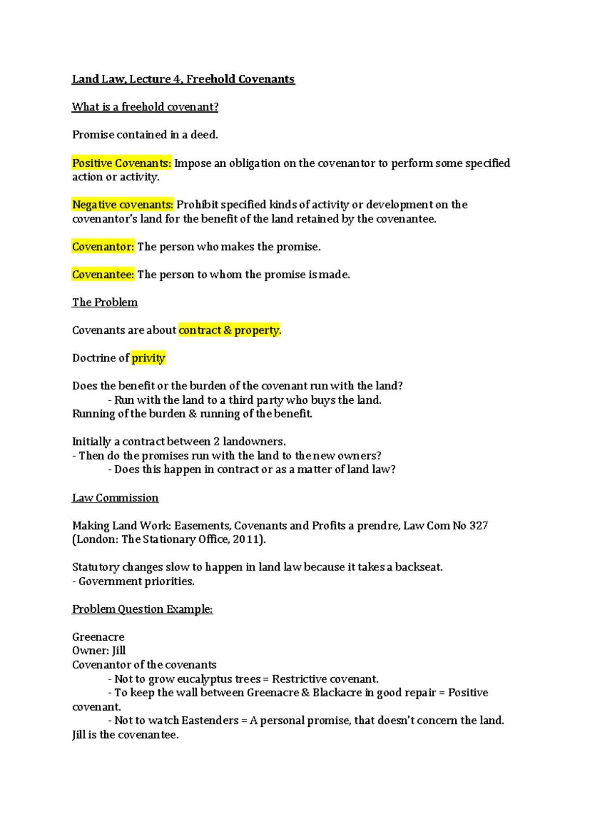 Land Law Lecture 4: Understanding Freehold Covenants in Depth - Studocu