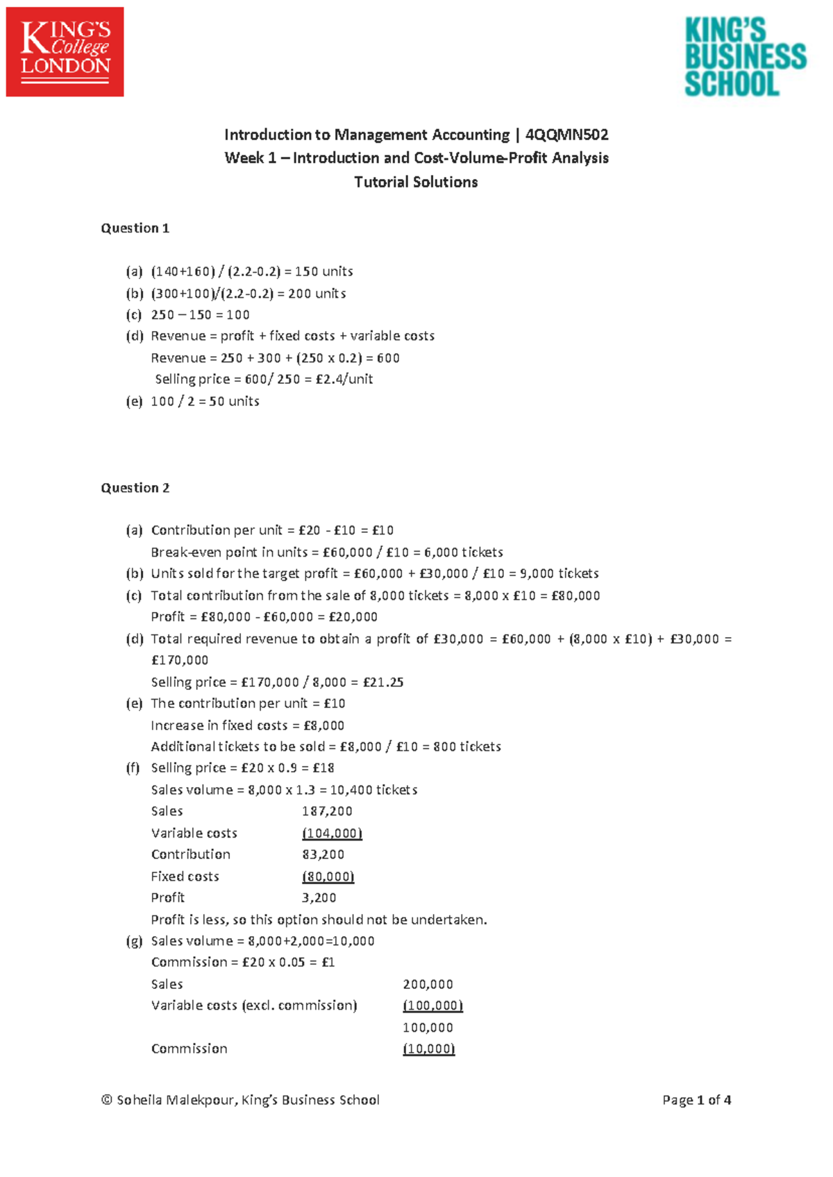 4QQMN502 W1 Tutorial Solutions - Introduction to Management Accounting | 4QQMN Week 1 ...
