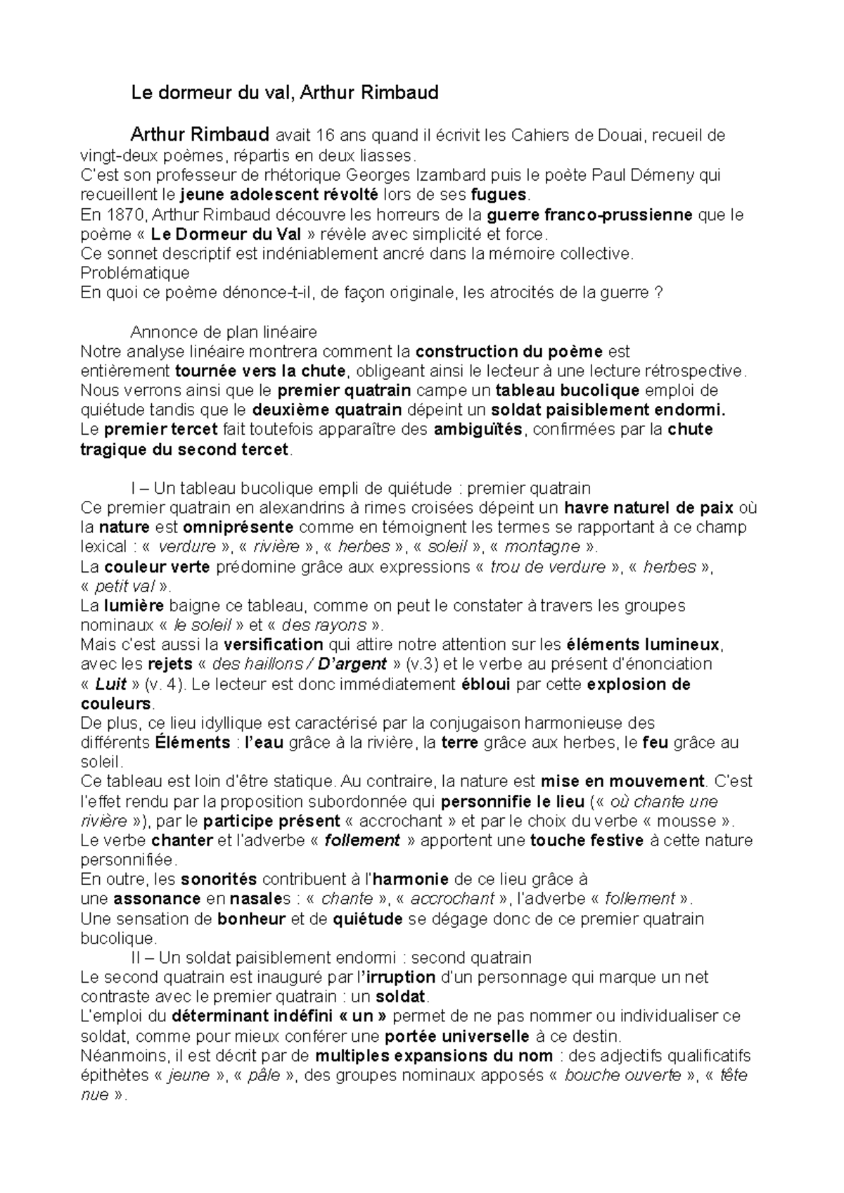 Le dormeur du val - Analyse linéaire pour le bac oral de français 1ère ...