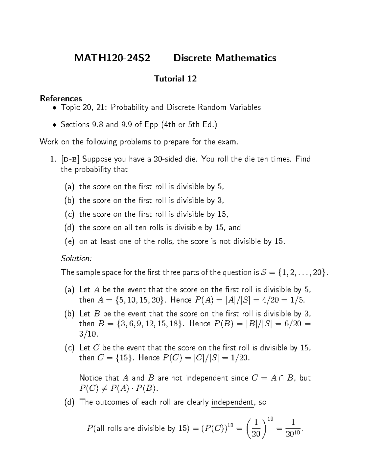 Discrete Mathematics Tutorial 12 Solutions: Probability & Random ...