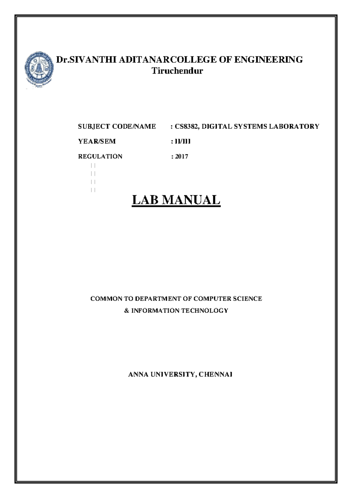 CS8382 Digital Systems Lab Manual: Experiments & Procedures - Studocu